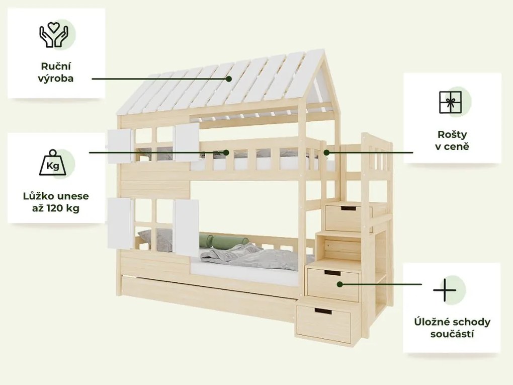 Benlemi Domečková patrová postel CHALOUPKA s úložnými schody 90x200 cm Zvolte barvu: Nelakovaná, Zvolte šuplík: Přistýlka 90x190 cm, Zvolte stranu: Vpravo