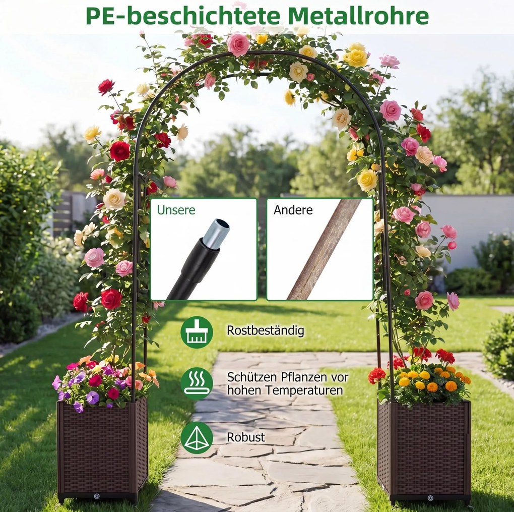 Costway 2 v 1 zahradní oblouk 230 cm růže oblouk s 2 samozavlažovacími květináči