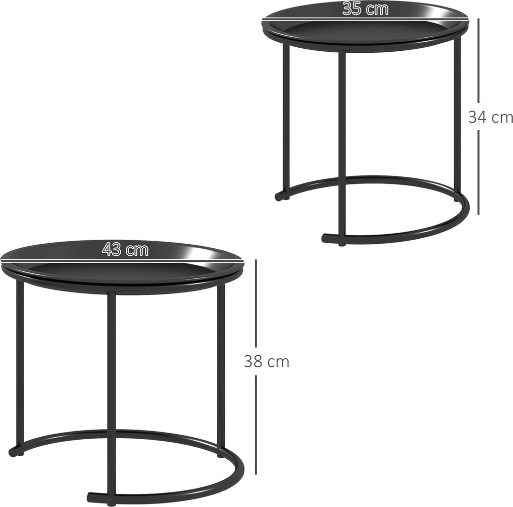 HOMCOM Sada 2 konferenčních stolků, kulatý odkládací stolek, stohovatelný stolek do obývacího pokoje, ložnice, předsíně, ocel, Ø43/35 cm, černý