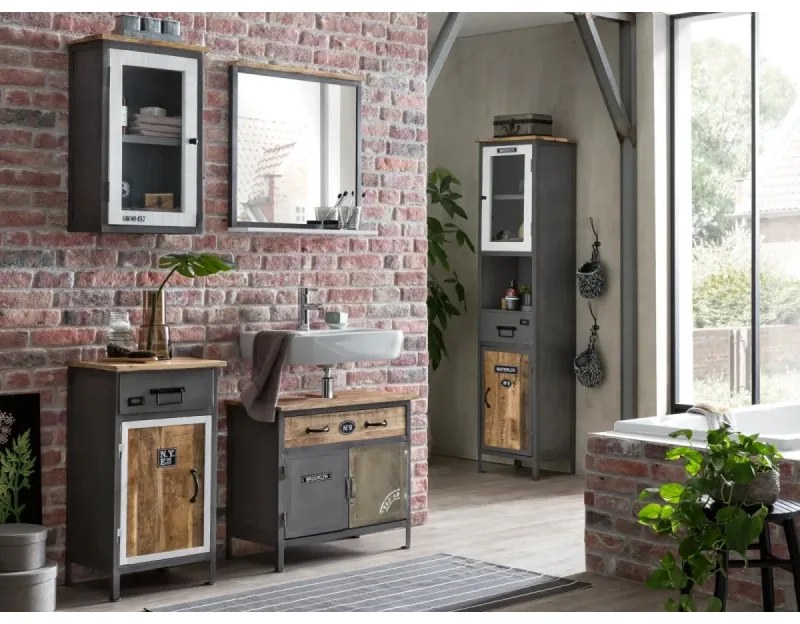 furniture-nabytek.cz - Masivní koupelňová skříňka Pineford z mangového dřeva a kovu, lakovaná, vícebarevná – 45×35×185 cm