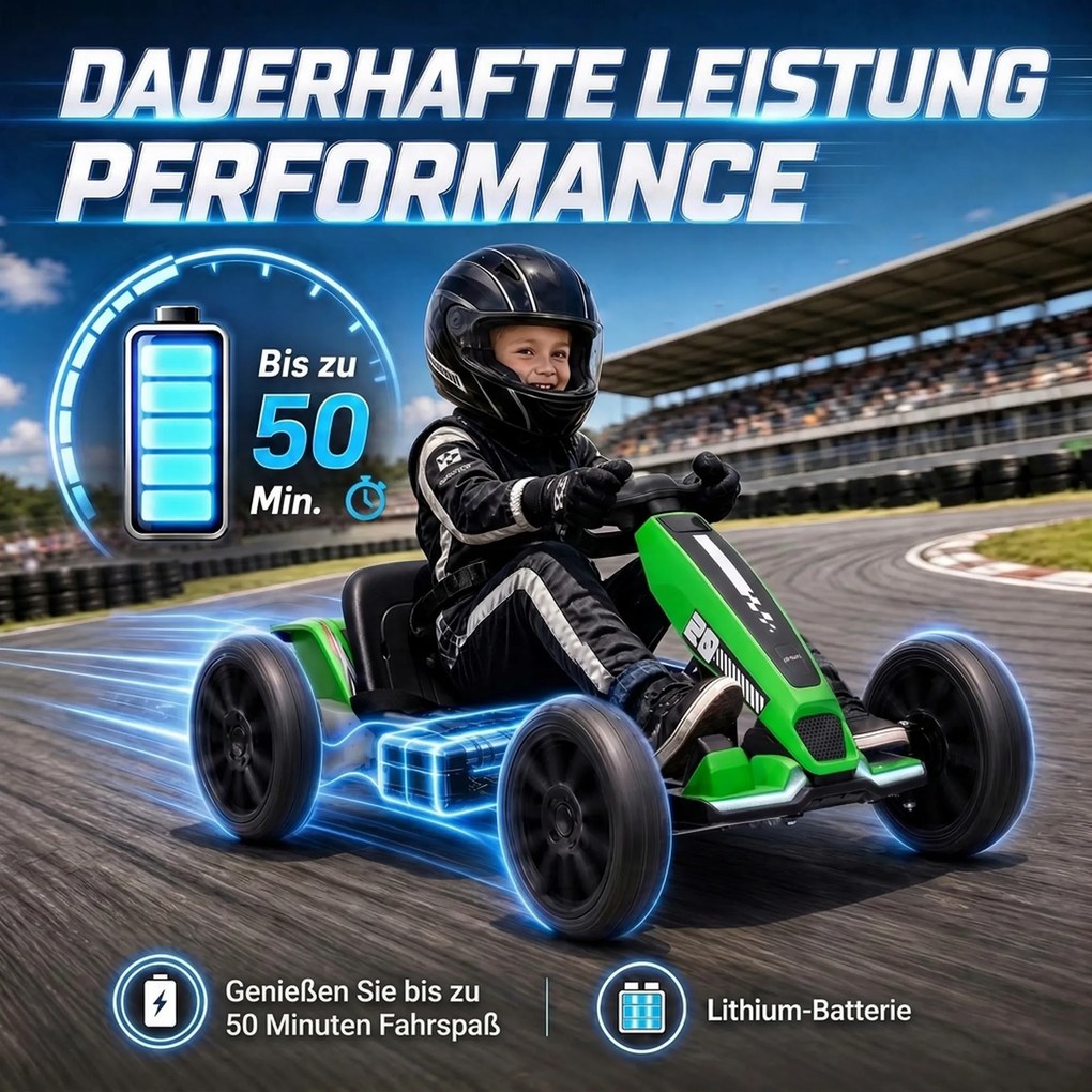AIYAPLAY Elektro Go-Kart pro děti 12V Gokart s 2 motory, 4násobně nastavitelným sedadlem, plynulý start, EVA kola, LED světlomety 370-518V90GN