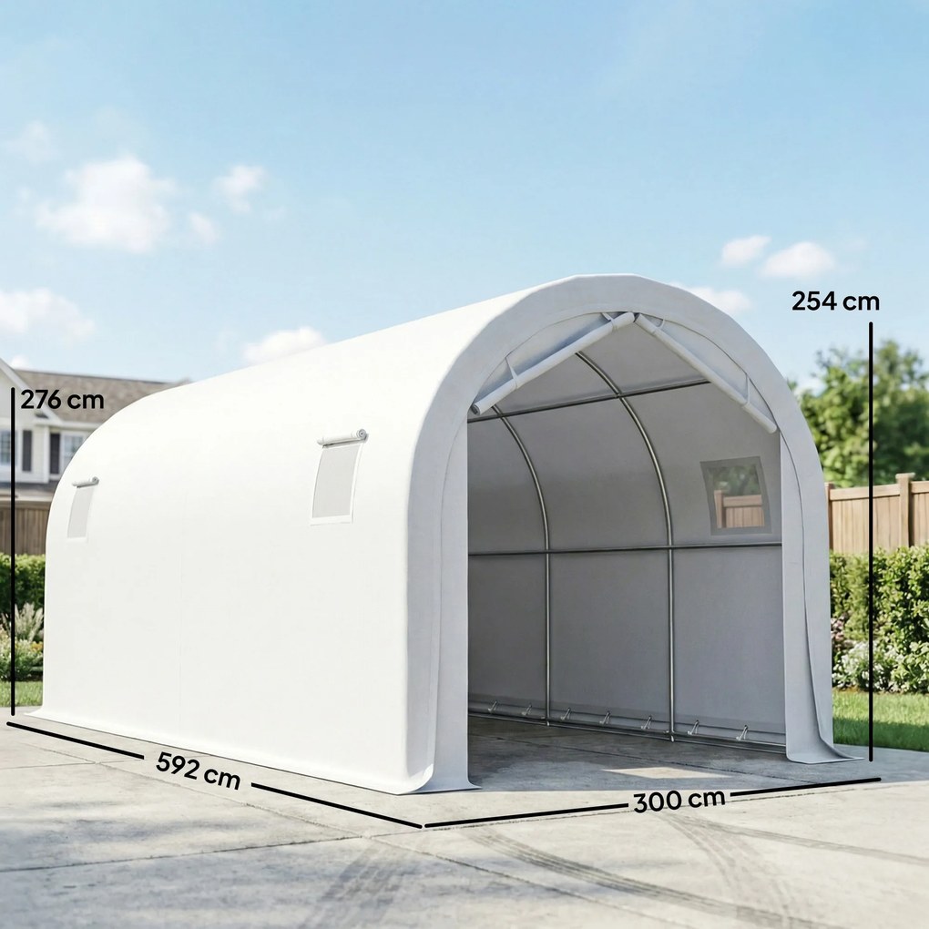 Outsunny venkovní garáž pro auto 3x6 m, vodotěsná, s odolnou PE tkaninou, rám z pozinkovaného kovu, UPF 30+, bílá