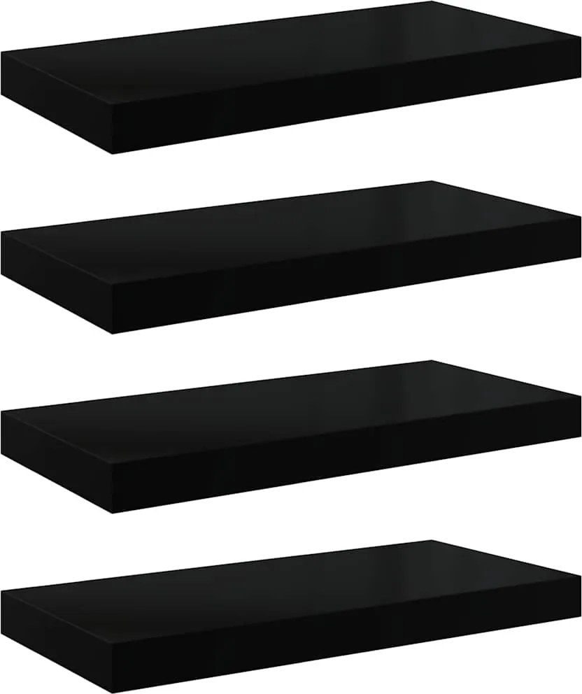 Plovoucí nástěnné police 4 ks lesklé černé 50 x 23,5 x 3,8 cm MDF 323768