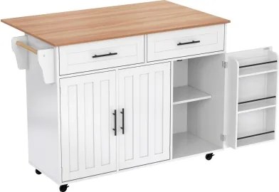 Aosom Velký kuchyňský ostrov s rozkládací prodlužovací deskou, 5 koleček (2 aretovatelná), 129 x 46/71 x 91,5 cm, bílá+přírodní barva