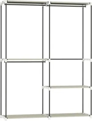 HOMCOM Skříň Otevřená skříň se 4 plátěnými policemi, 3 tyče na oblečení, kovová konstrukce 142x43x185 cm Krémová