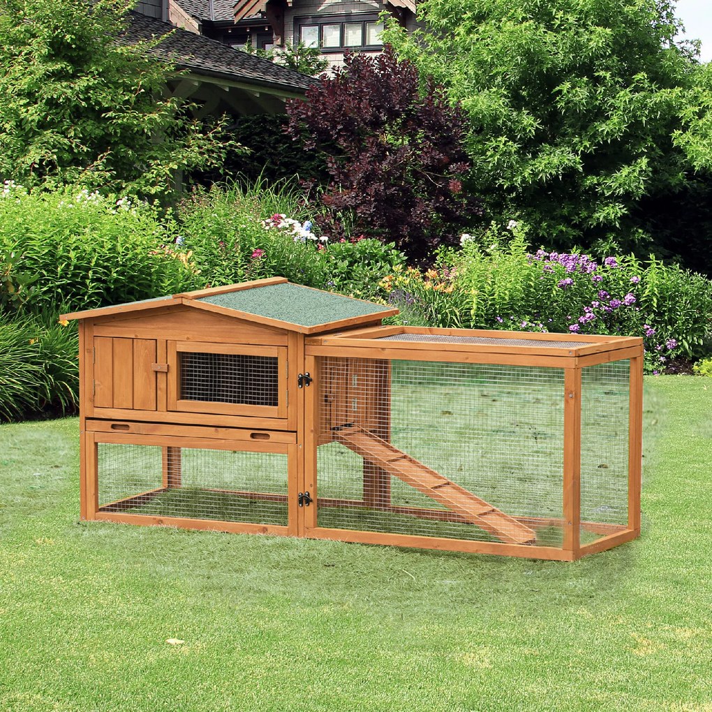 PawHut bouda pro malá zvířata z jedlového dřeva 156x58x68cm s asfaltovou střechou, venkovní domek pro malá zvířata, podlahová vanička a rampa, oranžo…