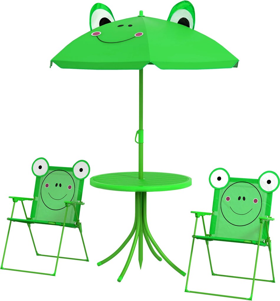 Zahradní set Outsunny pro děti – stůl a židle na piknik, skládací set pro děti se nastavitelným deštníkem 100-125 cm, design žabky, zelený