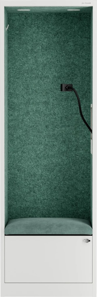 Kancelářská akustická kabina se sedátkem a USB-C portem, korpus bílý / sedák zelený, 600 mm: SALLY MentalBox