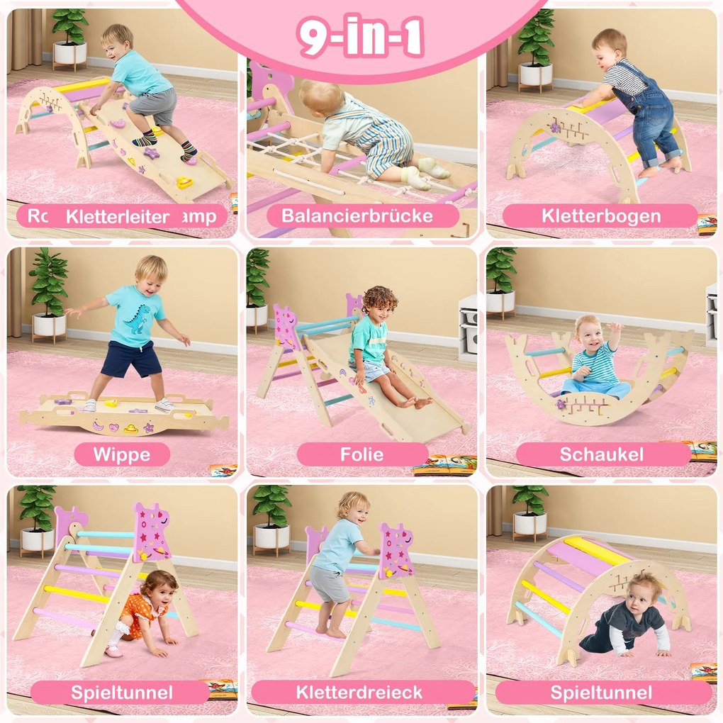 Costway Trojúhelníkový set 9-in-1 skládací lezecká hračka Montessori dřevěná