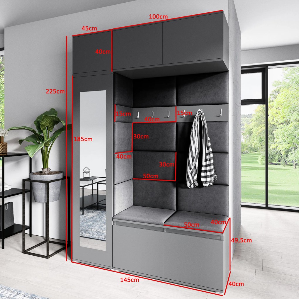 Eka Předsíňová stěna s čalouněnými panely Trinity 21 - Grafit / Béžová 2304