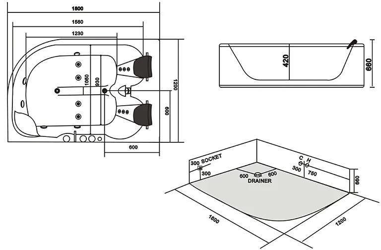 BPS-koupelny Hydromasážní vana HYD-CA631RH 180x120 PRAVÁ s ohřevem vody
