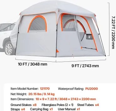 Velký stan pro SUV pro 6 osob, 3,05 × 2,74 m VEVOR