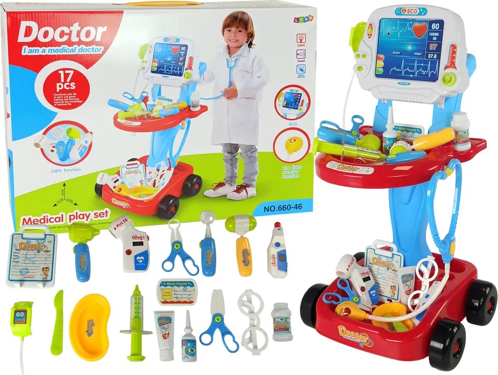 LEAN Toys Lékařská souprava na vozíku – dětský lékařský stolek „Doktor EKG“, 17 dílů