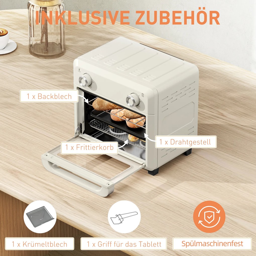 HOMCOM Mini trouba s konvekcí 10 l 2 v 1 Mini trouba s roštem, plechem na pečení a plechem na drobky, horkovzdušná fritéza 80 °C-230 °C, s dotykovým …