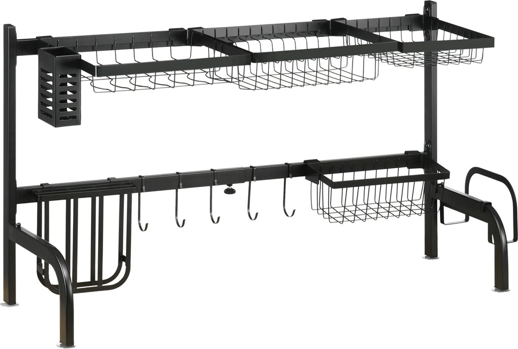 HOMCOM Sušák na nádobí, dvouúrovňový stojan na sušení nádobí, 51-93 cm s háčky, odkapávač pro kuchyňský dřez, nerezová ocel, černý | Aosom