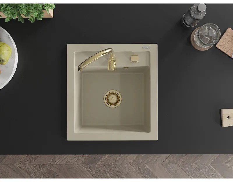Mexen Vito, 1-komorový granitový dřez 520x490x210 mm, zlatá baterie Telma, béžová, 6503-69-670200-50