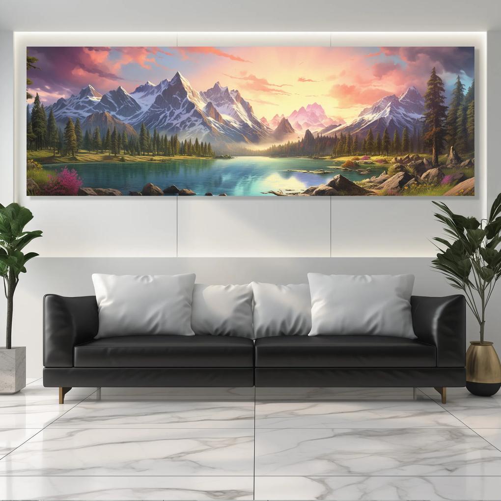 Obraz na plátně - Barevná jarní krajina s horským jezerem FeelHappy.cz Velikost obrazu: 150 x 50 cm