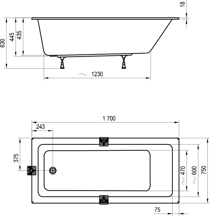 Ravak 10° Slim vana obdélníková 170 x 75 cm litý mramor bílá CA71300000