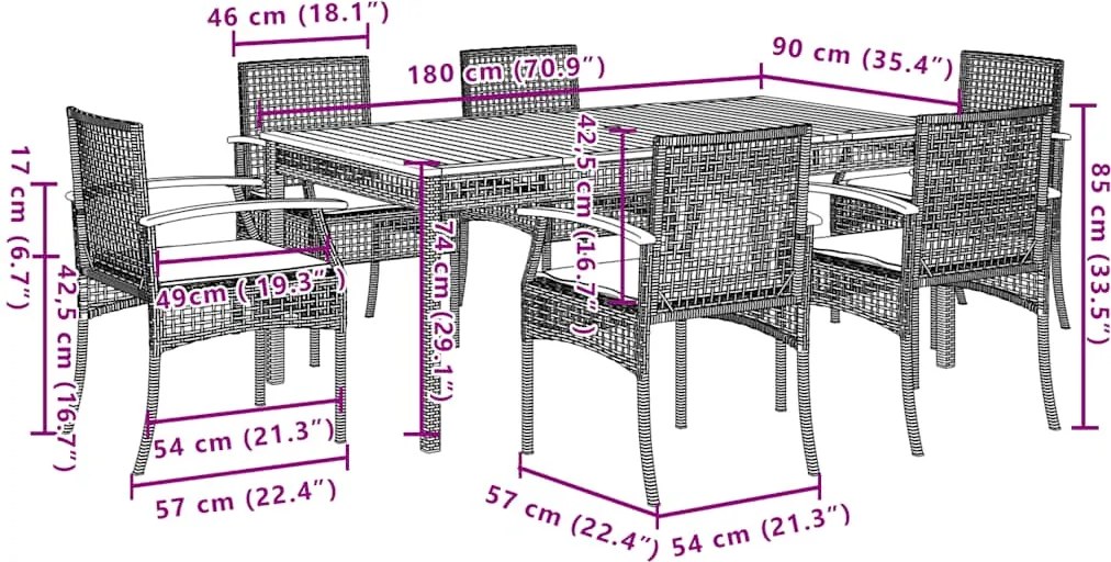7dílný zahradní jídelní set s poduškami šedý polyratan 3213573