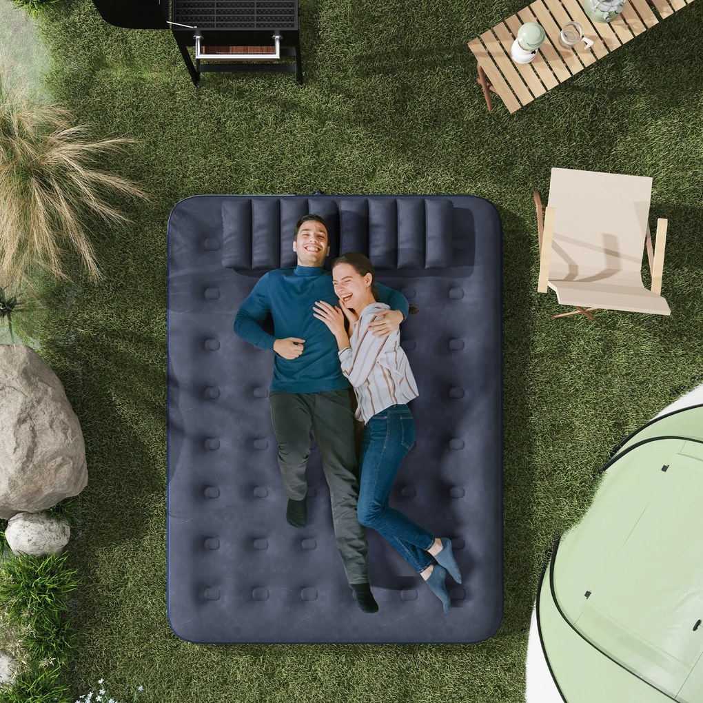 Nafukovací matrace Outsunny Double Air Mattress s ruční pumpou a polštářem, modrá 203x152x22cm pro kempování a hosty