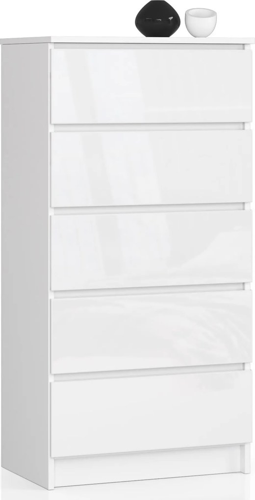 Komoda K60 5SZ bílá/bílý lesk