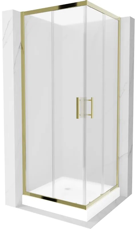 Mexen Rio, čtvercový sprchový kout s posuvnými dveřmi 80 (dveře) x 80 (dveře) x 190 cm, 5mm sklo námraza, zlatý profil + bílá sprchová vanička RIO, 860-080-080-50-30-4510