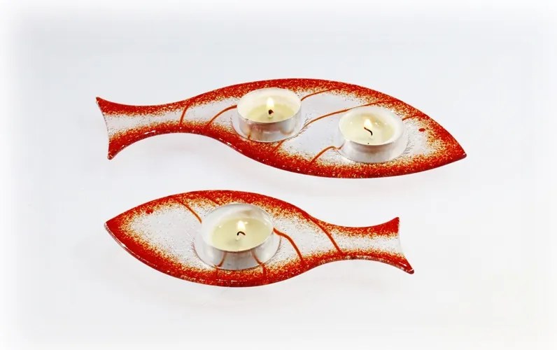 BDK-GLASS Skleněný svícínek rybička - FISH - červená Rozměr: 23x9cm