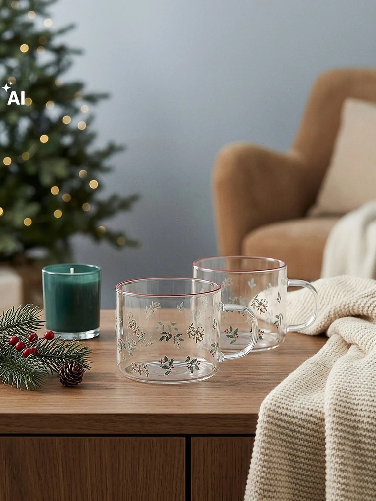 Sinsay - Vánoční skleněné hrnky s potiskem cesmíny a větviček 2 pack - clear