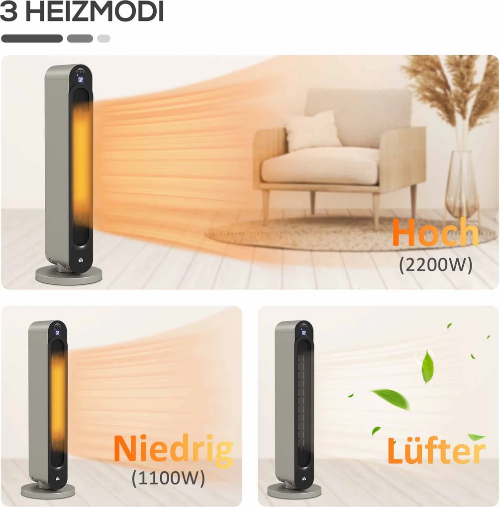 HOMCOM Elektrické topení, 3 režimy, 12hodinový časovač, LED displej, oscilační funkce