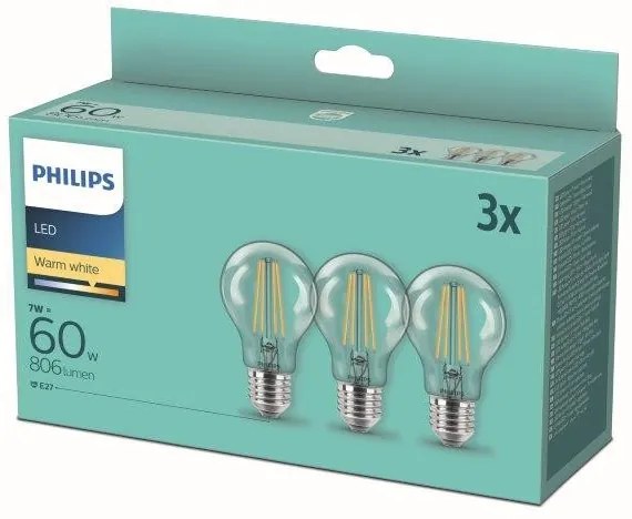 Philips 8718699777777 led sada filamentových žárovek 3x7w-60w | e27 | 806lm | 2700k - set 3ks, čirá