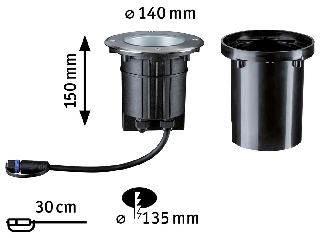 Paulmann 93908 Plug&Shine RL, zápustné svítidlo s nastavitelným směrem svícení 6W LED 3000K, nerez, prům. 14cm, IP67