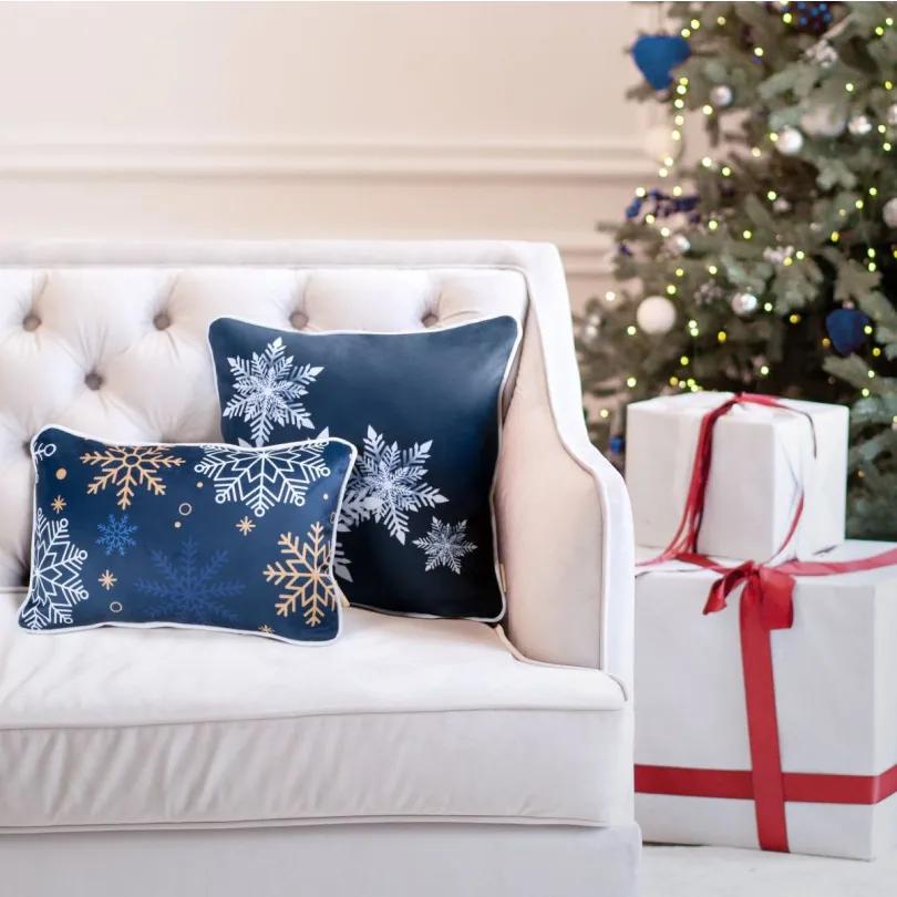 Modrý vánoční povlak na polštář zdobený sněhovými vločkami Šířka: 60 cm | Délka: 60 cm