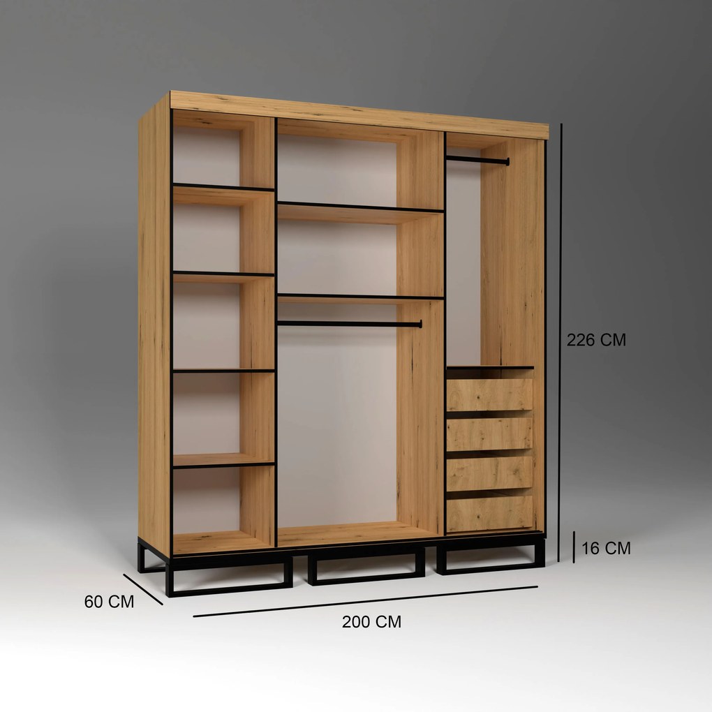 ARK Šatní skříň OSKAR, Dub Votan/Černá 200 cm