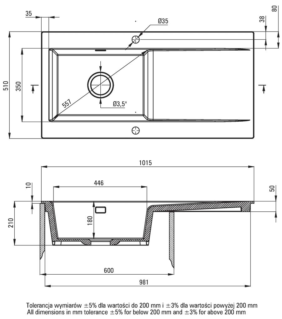 Deante Sabor, keramický dřez na desku 1015x510x210 mm + prostorově úsporný sifon, 1-komorový, černá lesklá, ZCB_N113