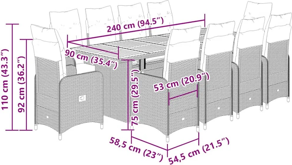 11dílný zahradní bistro set s poduškami černý polyratan 3277290