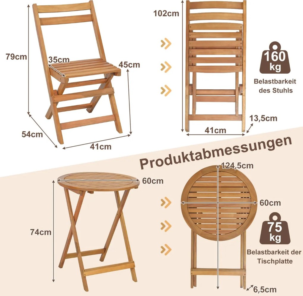 Costway 3 ks. Bistroset aus Holz mit Stabilem Akazienholzrahmen