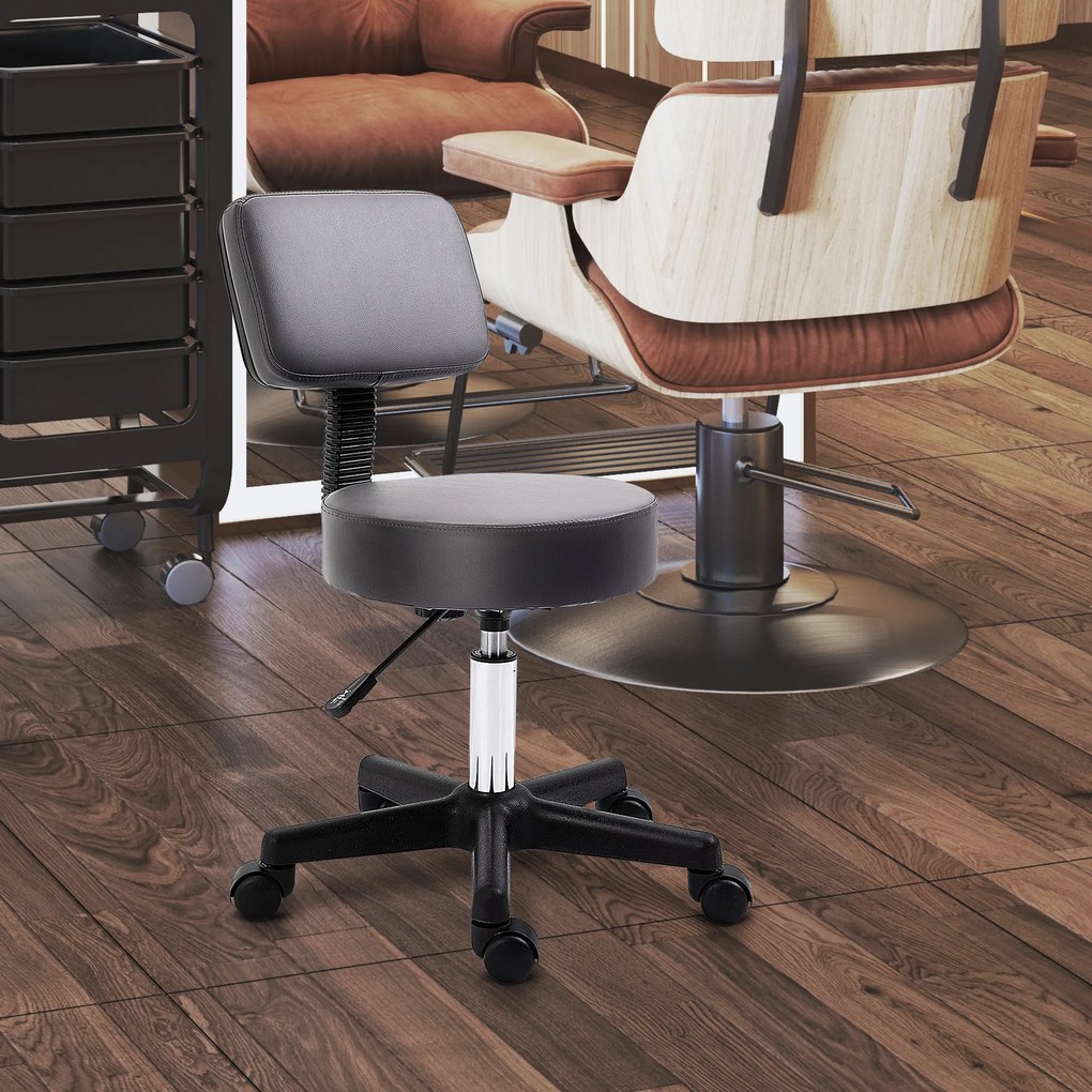 HOMCOM Rolovací stolička Výškově nastavitelná pracovní stolička s opěradlem, otočná salonní stolička z imitace kůže Šedá Ø35 x 72-84 cm pro masáže a …