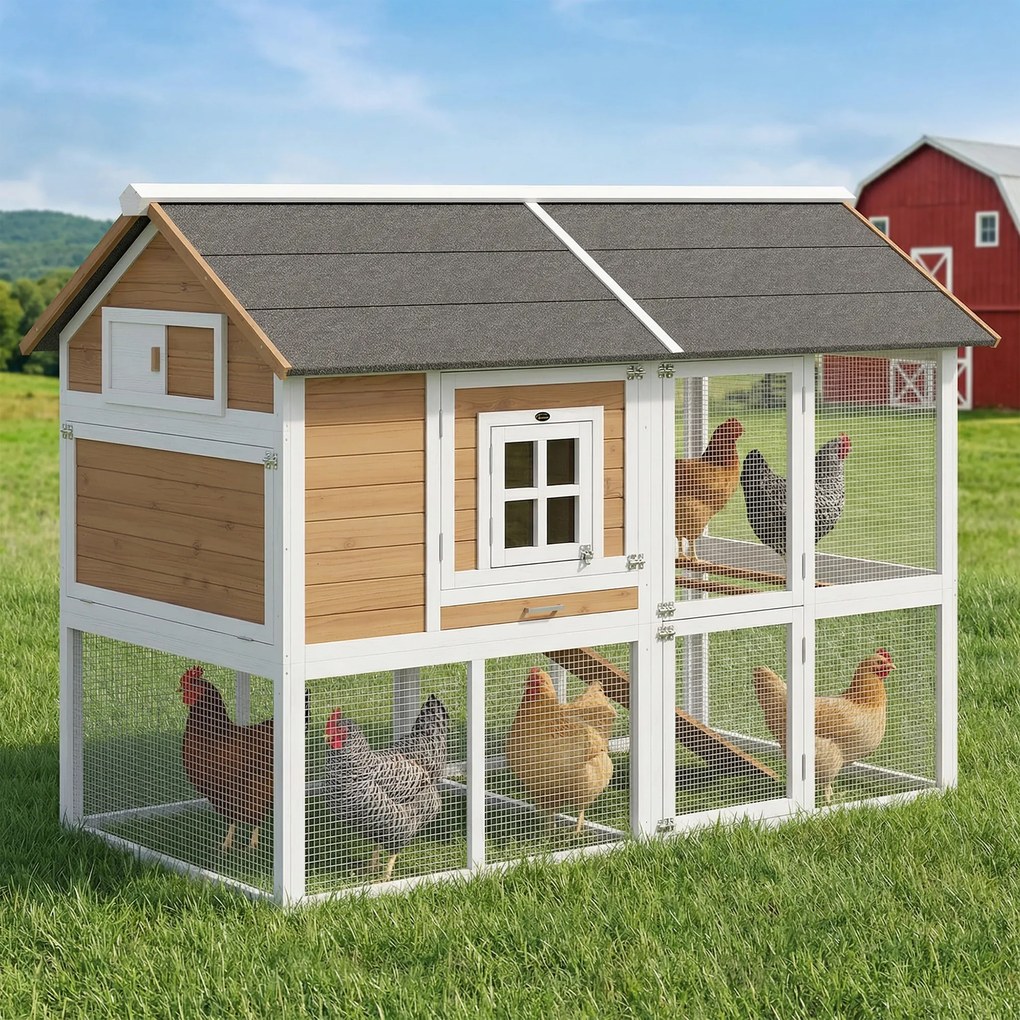 Kurník Kurník s výběhem Hnízdní box Výsuvná vanička Asfaltová střecha pro 4 slepice 200x104x145cm Dřevo Hnědá barva