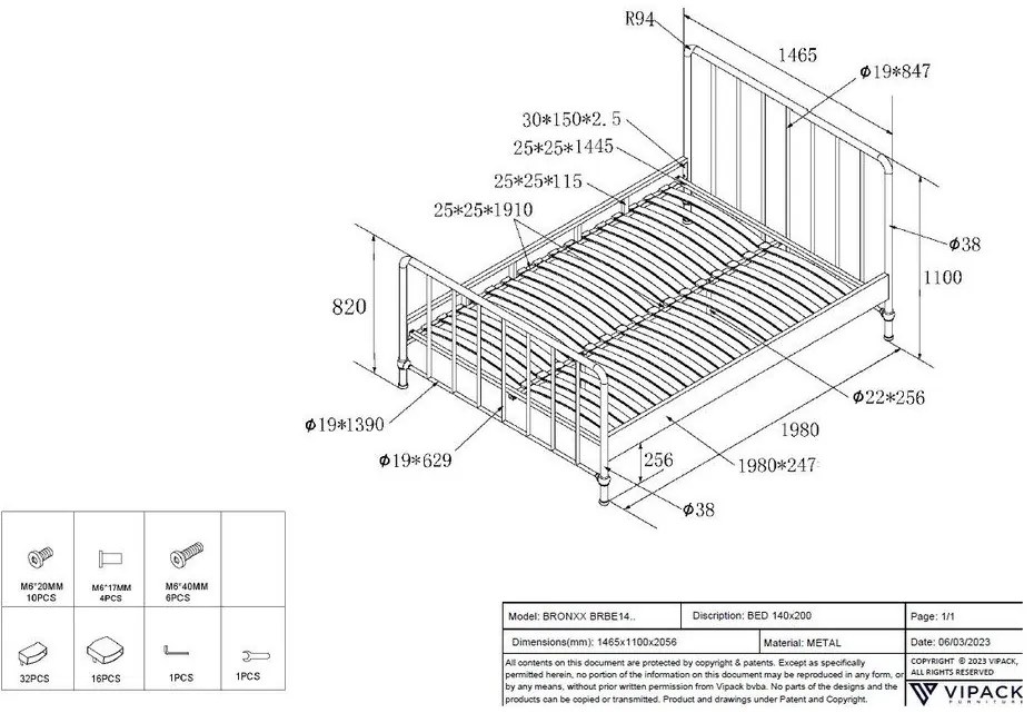 Modrá kovová dvoulůžková postel s roštem 140x200 cm BRONXX – Vipack