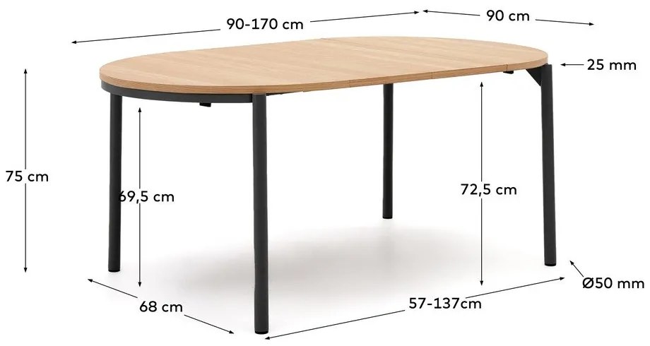 Kulatý rozkládací jídelní stůl s deskou v dubovém dekoru v přírodní barvě ø 90 cm Montuiri – Kave Home