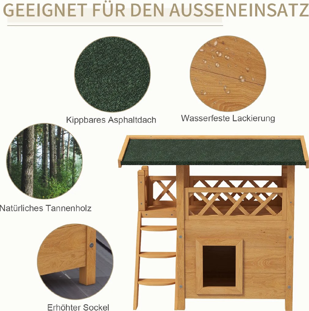 PawHut dvoupatrový domek pro kočky s asfaltovou střechou a balkonem, vila pro kočky z masivního dřeva se schody, přírodní, 77x50x73cm| Aosom