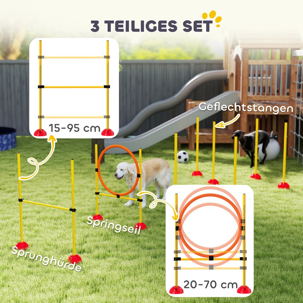 PawHut Agility Set pro psy - 3dílná výbava na agility pro výcvik psů, skokové překážky s nastavitelnými slalomovými tyčemi a kruhy pro koordinaci