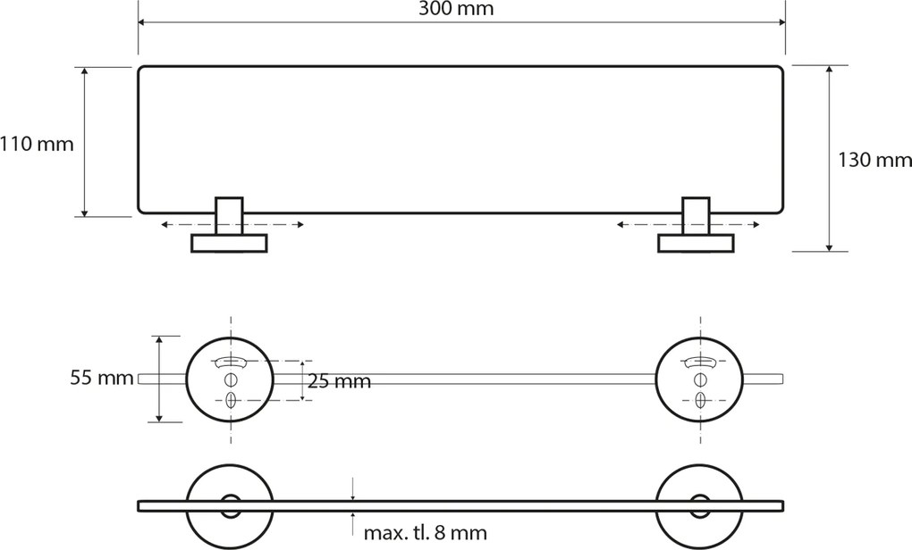 Sapho X-ROUND E skleněná polička 300x130mm, mléčné sklo, chrom XR601