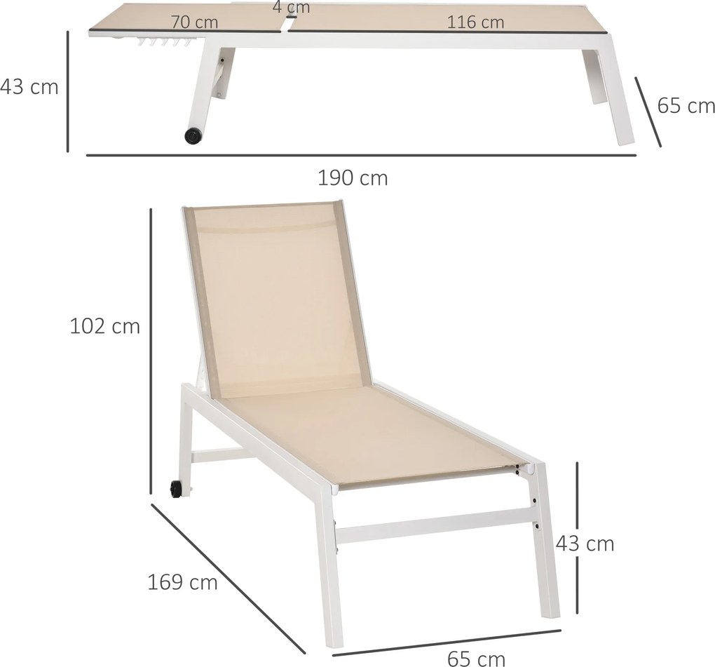 Zahradní lehátko Outsunny s pětistupňovým opěradlem hliník krémově bílé 169x65x102cm pro zahradu balkon terasu | Aosom.de