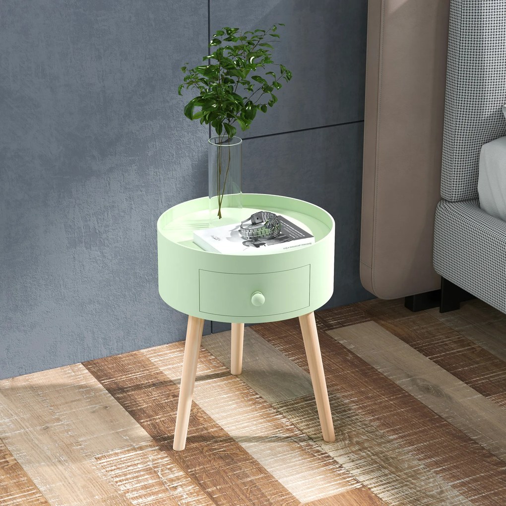 HOMCOM Kulatý Kavový Stolek - Noční Stolek - Kulatý Noční Stolek - Skandinávský Design Stolek se Zásuvkou a Šikmými Pevnými Dřevěnými Nohami Zelený