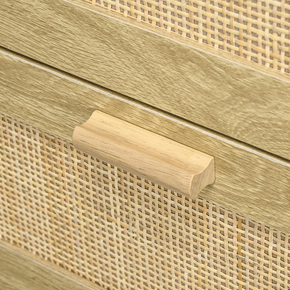 HOMCOM Komoda s 4 zásuvkami v boho stylu s ratanovým předním panelem, světle dřevěná, 90Š x 45H x 108,5V cm