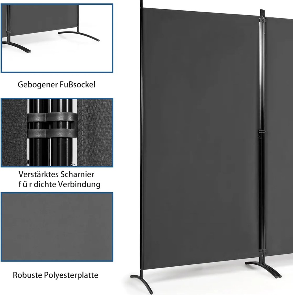 Costway 3 panelový dělič pokojů Skládací látková zástěna – 260 × 183 cm, šedá