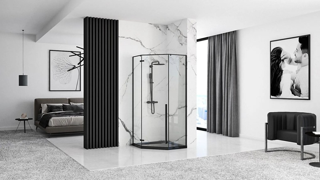 Rea - DIAMOND BLACK pětiúhelníkový sprchový kout 80 x 80 cm, černý matný, čiré sklo, REA-K6900