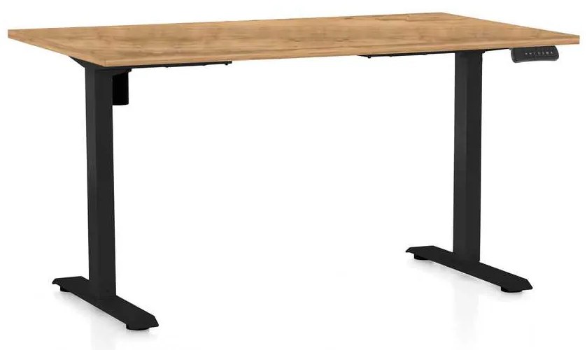 Výškově nastavitelný stůl OfficeTech B, 140 x 80 cm, černá podnož, dub zlatý