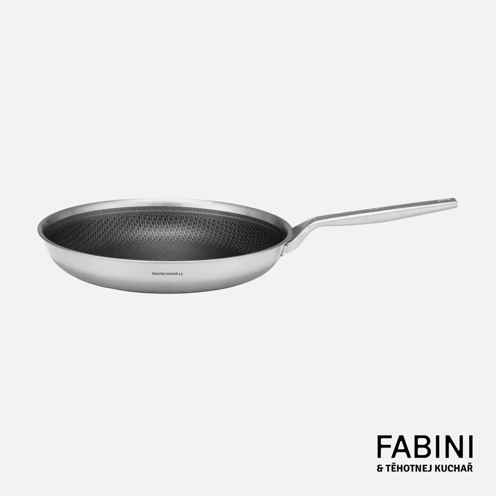 Fabini Pánev FABINI & Těhotnej kuchař 2.0, Ø 30 cm - Nerezová beznýtová pánev s hybridním keramickým povrchem z vícevrstvé nerezové oceli bez poklice